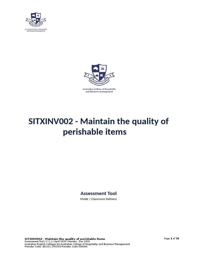 Assessment Tool SITXINV002 Maint Perishable Items | Download Free PDF ...