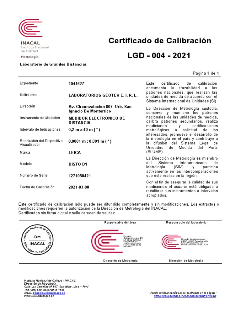 Certificado de Calibración INACAL 2021 | PDF | Metrología | Calibración