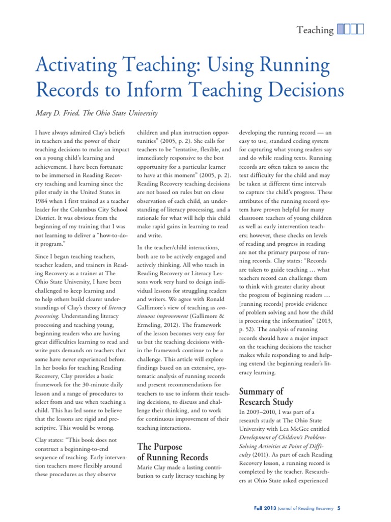 Running Records in Reading Recovery | PDF | Teachers | Literacy