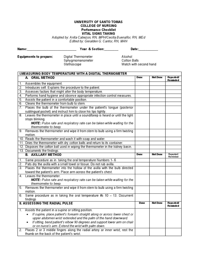 Vital Signs Taking Performance Checklist | PDF | Pulse | Cardiovascular ...
