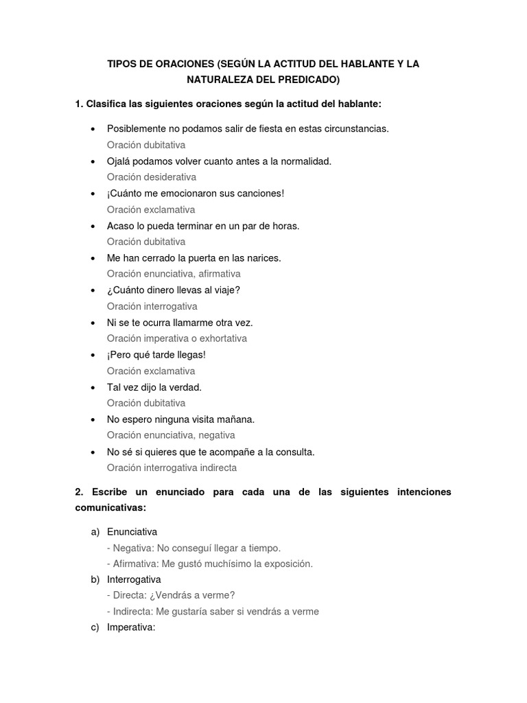Tipos y Clases de Oraciones en Español | PDF | Verbo | Asunto (gramática)