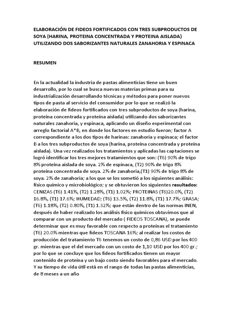 Elaboración de Fideos Fortificados Con Tres Subproductos de Soya | PDF ...