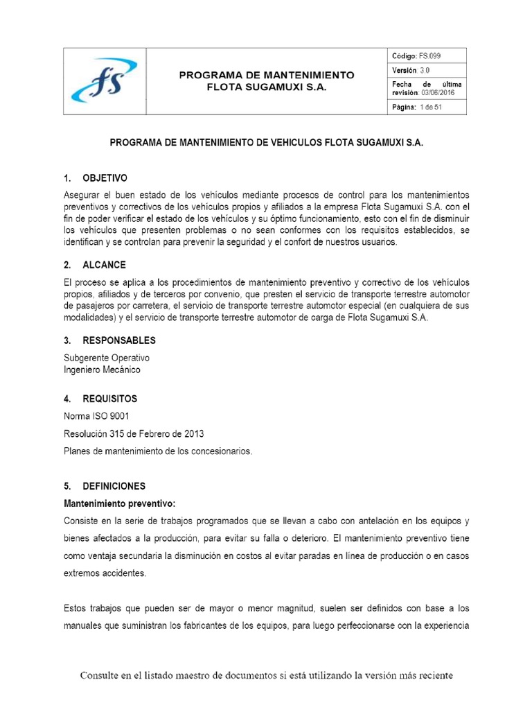 PROGRAMA DE MANTENIMIENTO FLOTA SUGAMUXI S.A. PROGRAMA DE MANTENIMIENTO DE VEHICULOS FLOTA ...