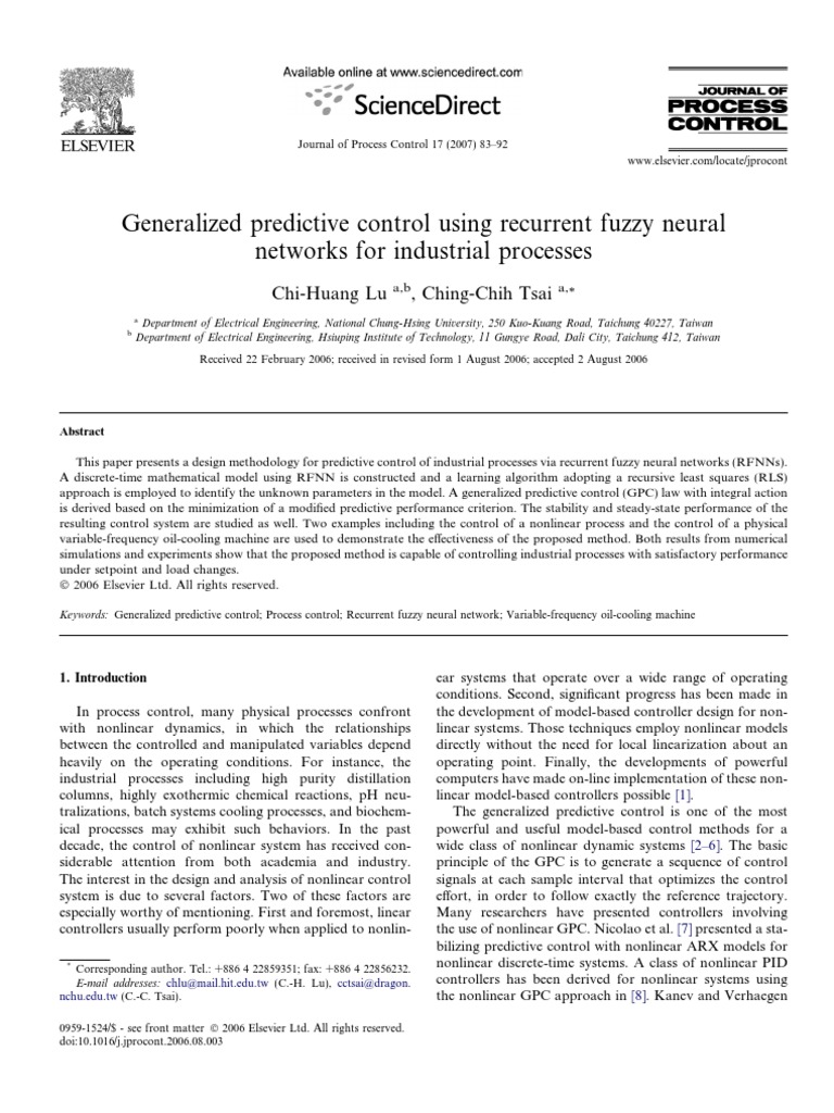 Generalized Predictive Control Using Recurrent Fuzzy Neural Networks For Industrial Processes ...