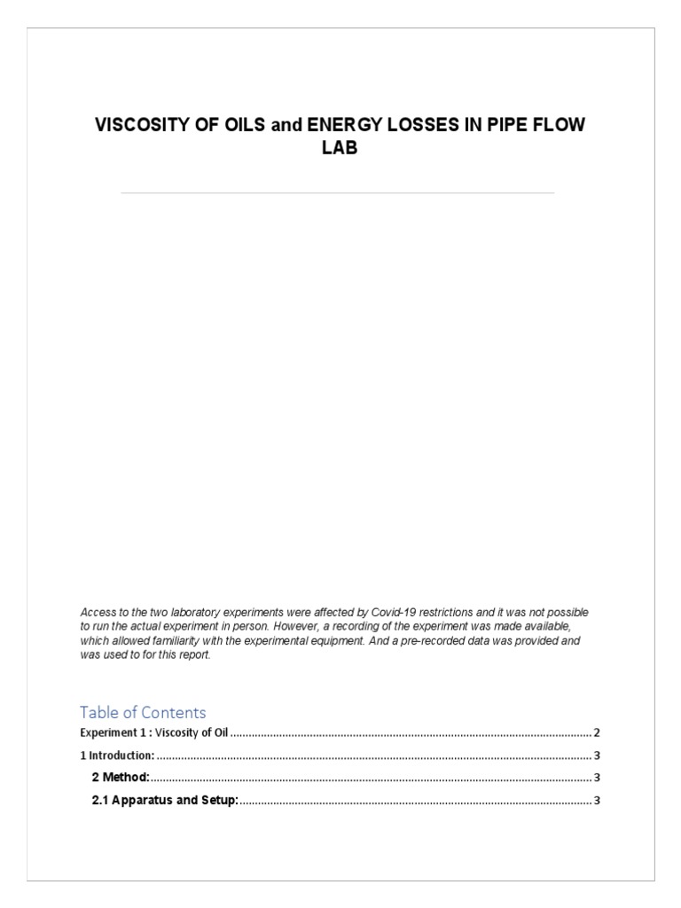 Viscosity of Oils and Energy Loss in Pipes Report | PDF | Viscosity ...