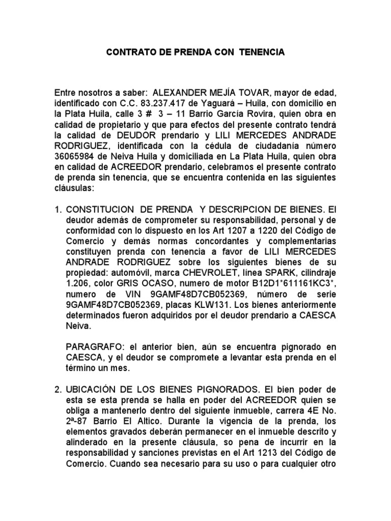 Contrato de Prenda Con Tenencia | PDF | Derecho civil (sistema legal ...