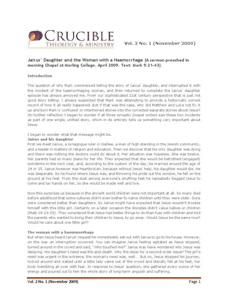 Jairus' Daughter and the Healing Woman | PDF | Jesus | Gospel Of Mark