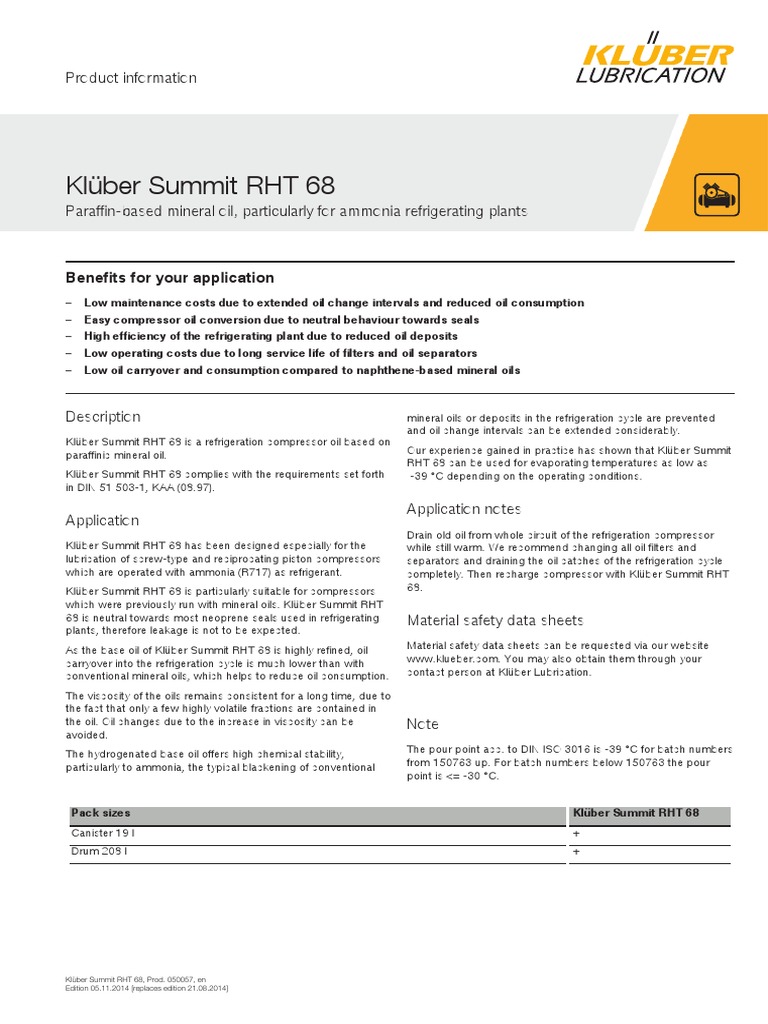Kl%C3%BCber_Summit_RHT_68_EN_en | PDF | Refrigeration | Motor Oil