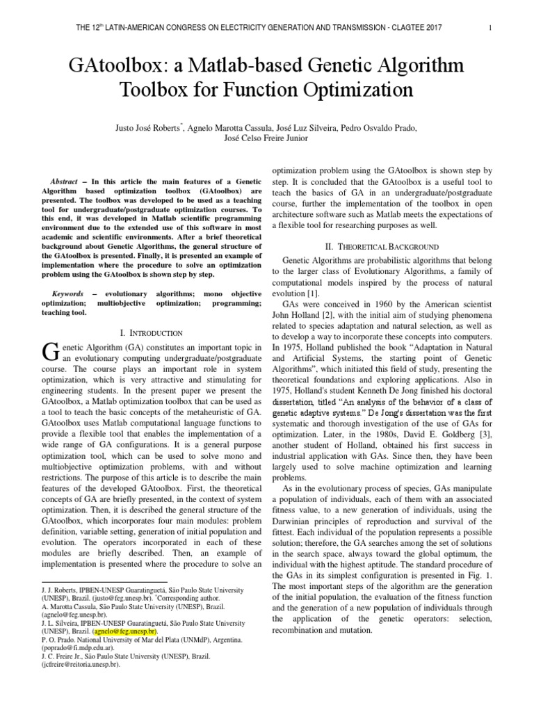 Gatoolbox: A Matlab-Based Genetic Algorithm Toolbox For Function Optimization | PDF ...
