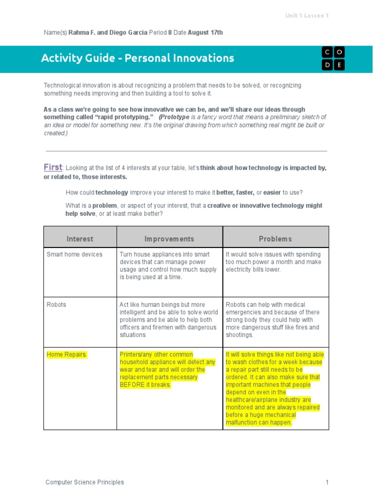 U1L01 Activity Guide - Personal Innovations | PDF | Robot | Robotics