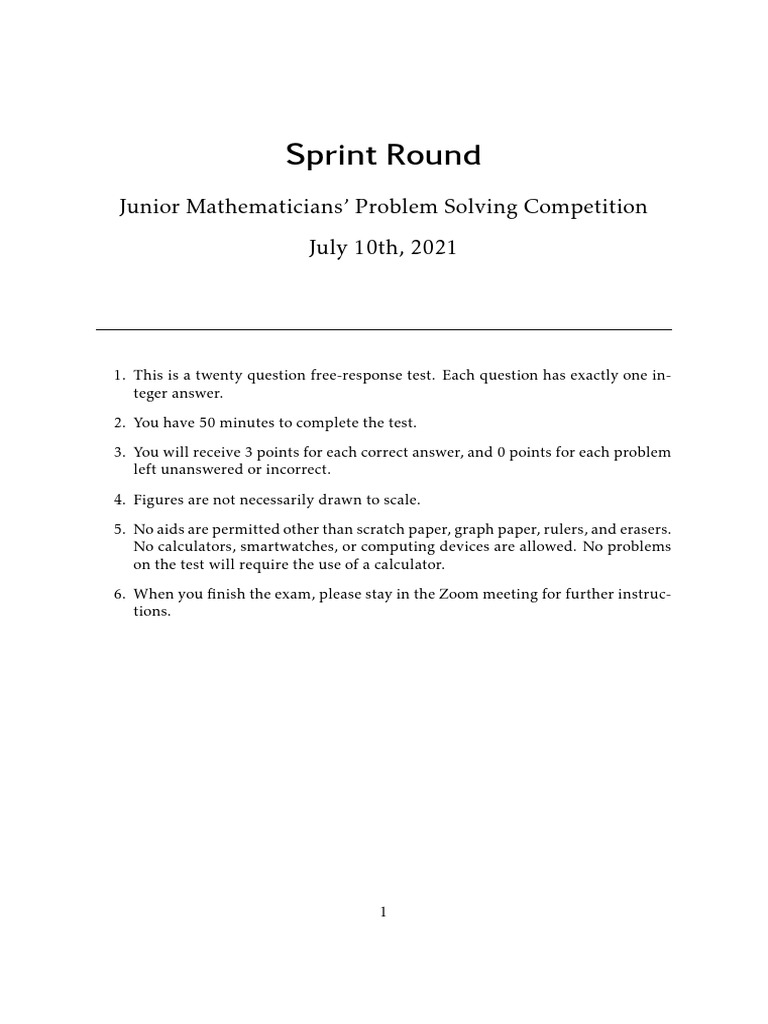 Sprint Round: Junior Mathematicians' Problem Solving Competition July ...