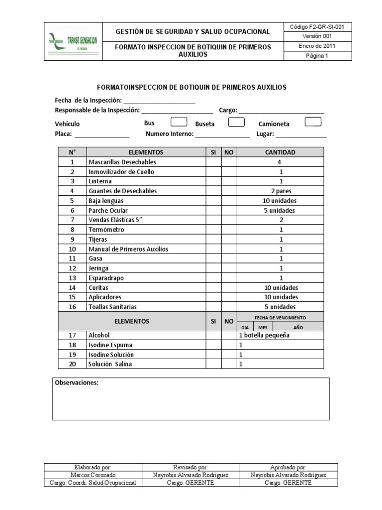 Formato Inspeccion de Botiquin de Primeros Auxilios | PDF