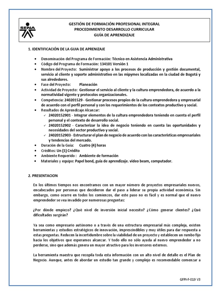 GFPI-F-019 - Formato - Guia - Aprendizaje 6 - Emprendimiento TAA | PDF | Cliente | Modelo de negocio