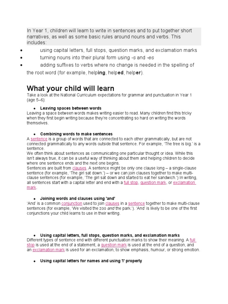 English in Year 1 | PDF | Sentence (Linguistics) | Word