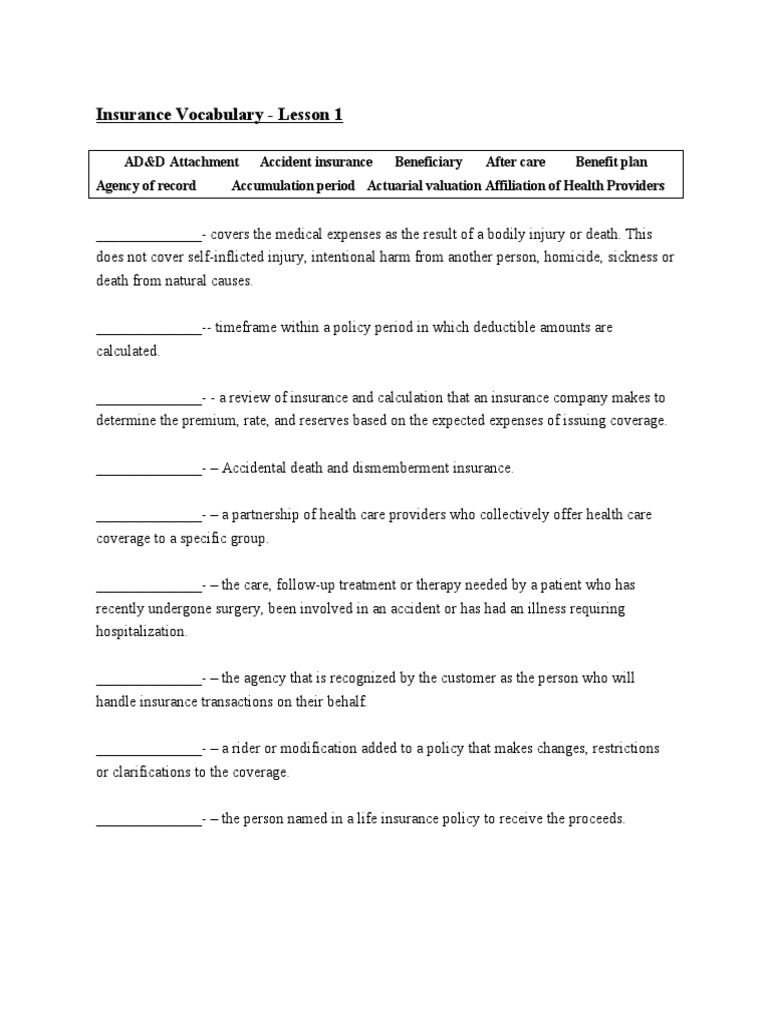Insurance Vocabulary - Lesson 1 | PDF | Insurance | Life Insurance
