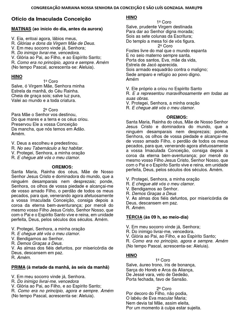 Ofício Da Imaculada Conceição Congregação Mariana Pdf Maria Mãe