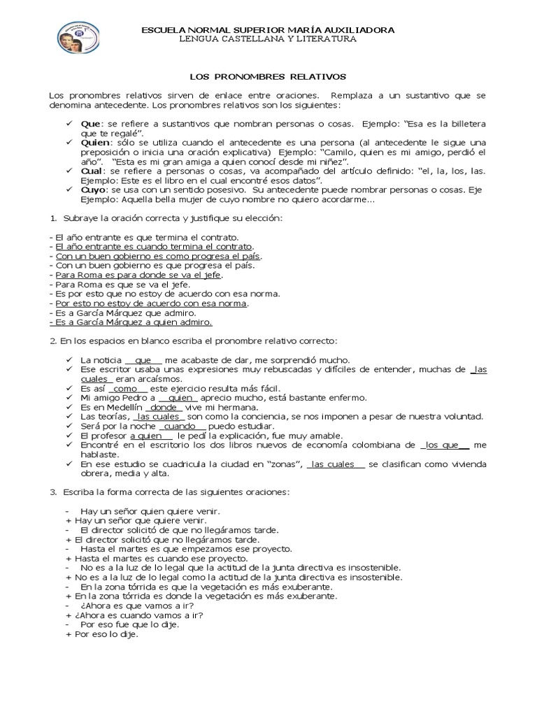 Ejercicios de Pronombres Relativos | PDF | Pronombre | Lingüística