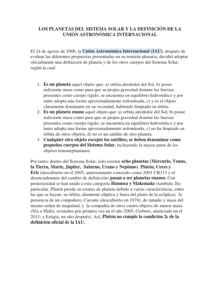 Los Planetas Del Sistema Solar y La Definición de La Unión Astronómica ...