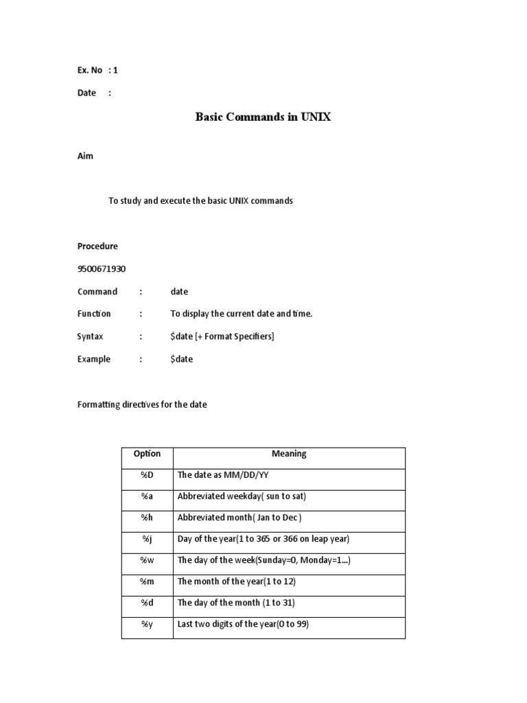 Basic Commands In Unix Ex No 1 Date Pdf Parameter Computer Programming Filename