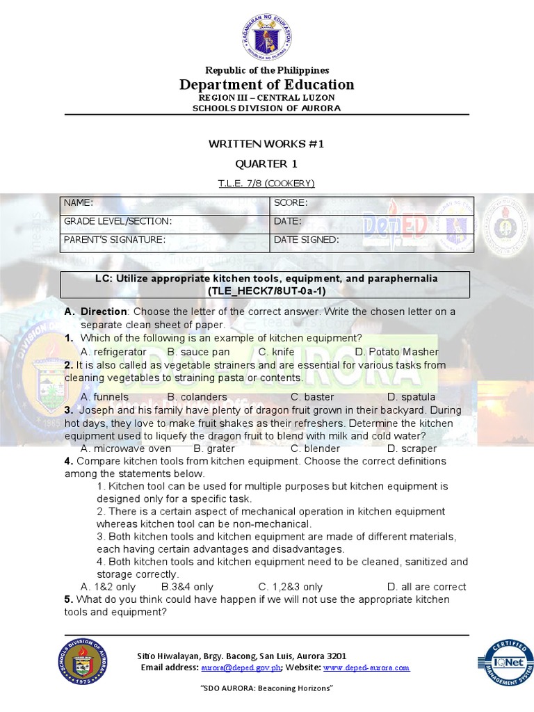Department of Education: T.L.E. 7/8 (COOKERY) Name: Score: Grade Level ...