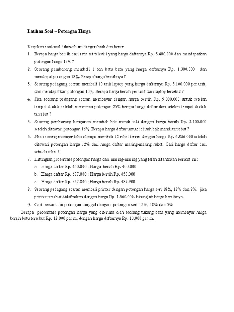Latihan Soal POTONGAN HARGA | PDF | Teknologi & Rekayasa