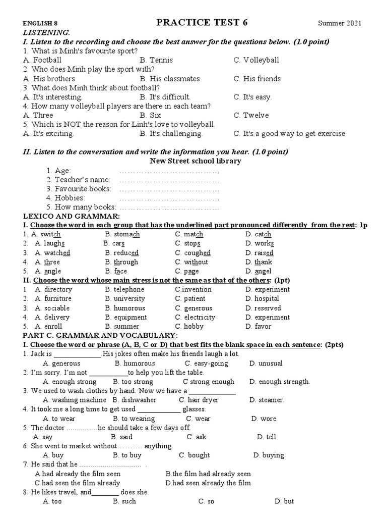 Practice Test 6: Listening. I. Listen To The Recording and Choose The ...