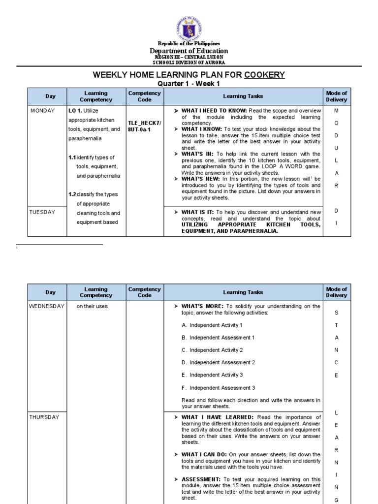 Weekly Home Learning Plan For Cookery: Department of Education | PDF ...
