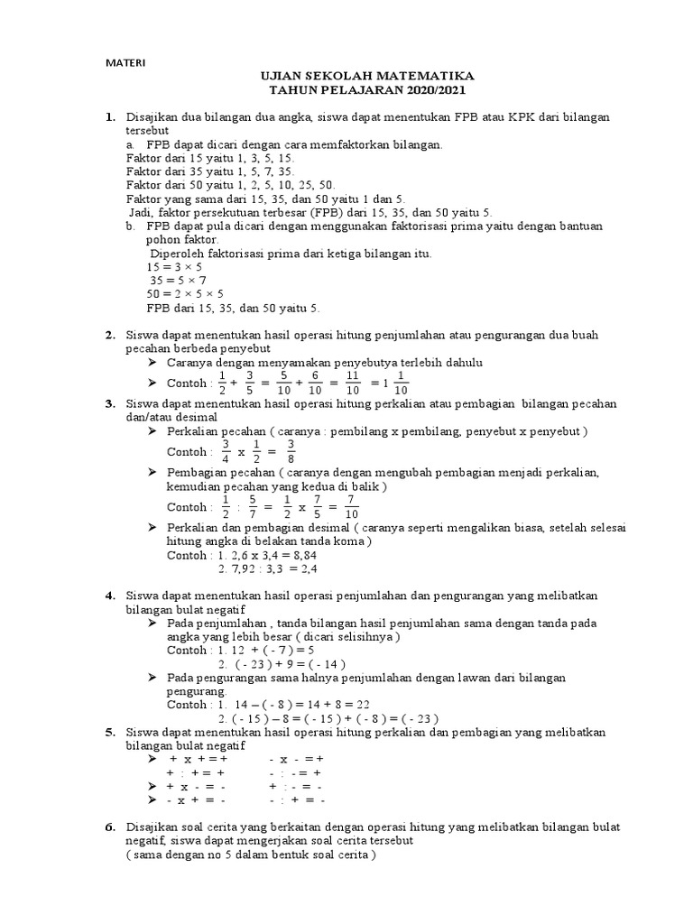 Kisi-Kisi Try Out Matematika (Revisi) | PDF