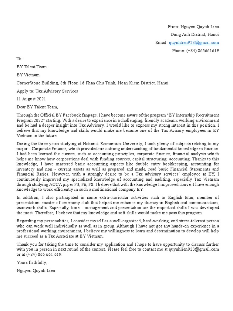 EY - Cover Letter - Nguyen Quynh Lien | PDF | Accounting | Taxes