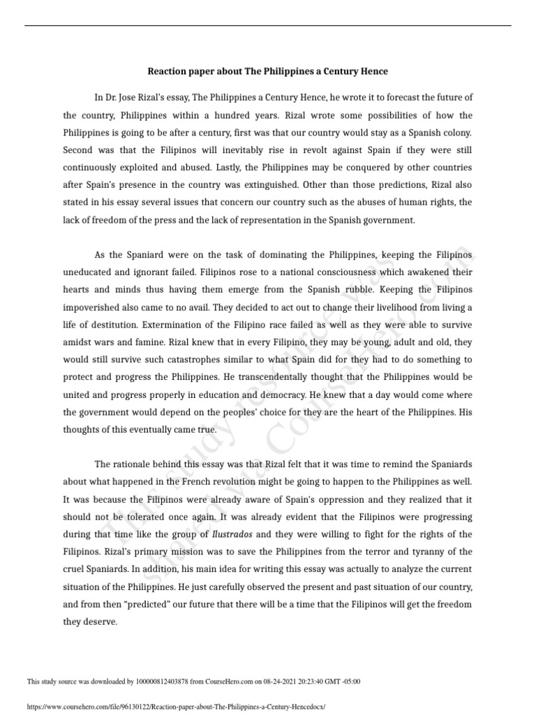 This Study Resource Was: Reaction Paper About The Philippines A Century ...