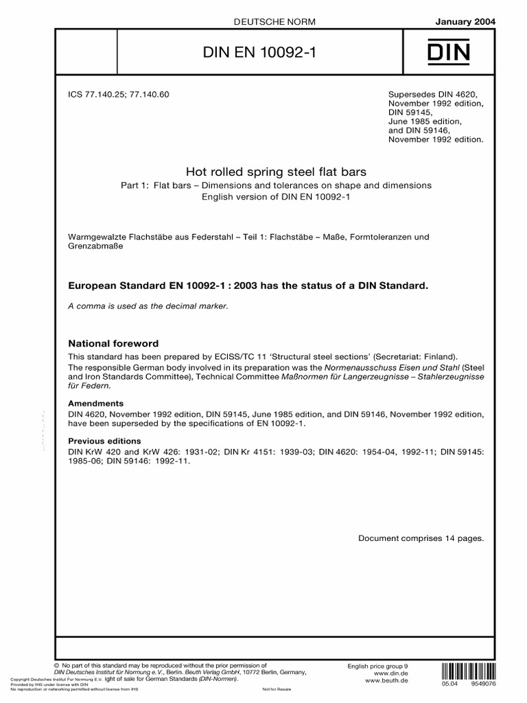 弹簧扁钢德国标准DIN EN 10092 1 2004 | PDF | Business Law | Business