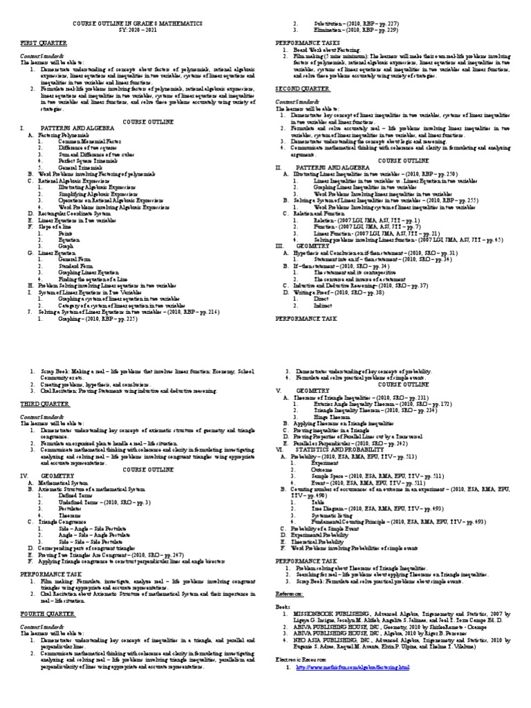 Content Standards: Course Outline in Grade 8 Mathematics | PDF ...