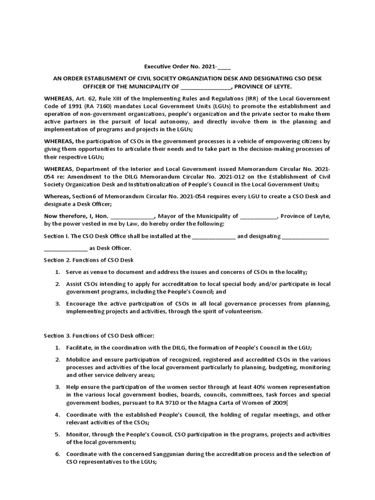 Executive Order Creating CSO Desk and Designating CSO Desk Officer. | PDF | Local Government ...