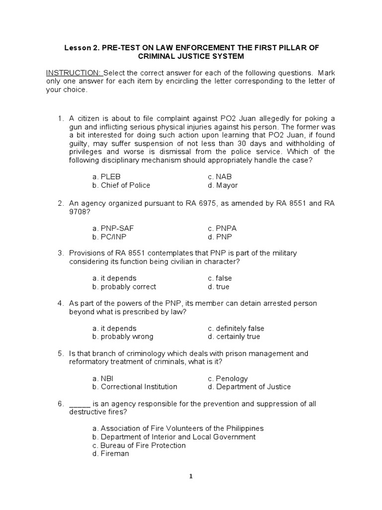 Lesson 2. Pre-Test On Law Enforcement The First Pillar of Criminal ...