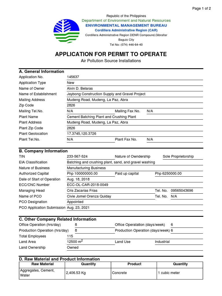 Application For Permit To Operate: A. General Information | PDF ...