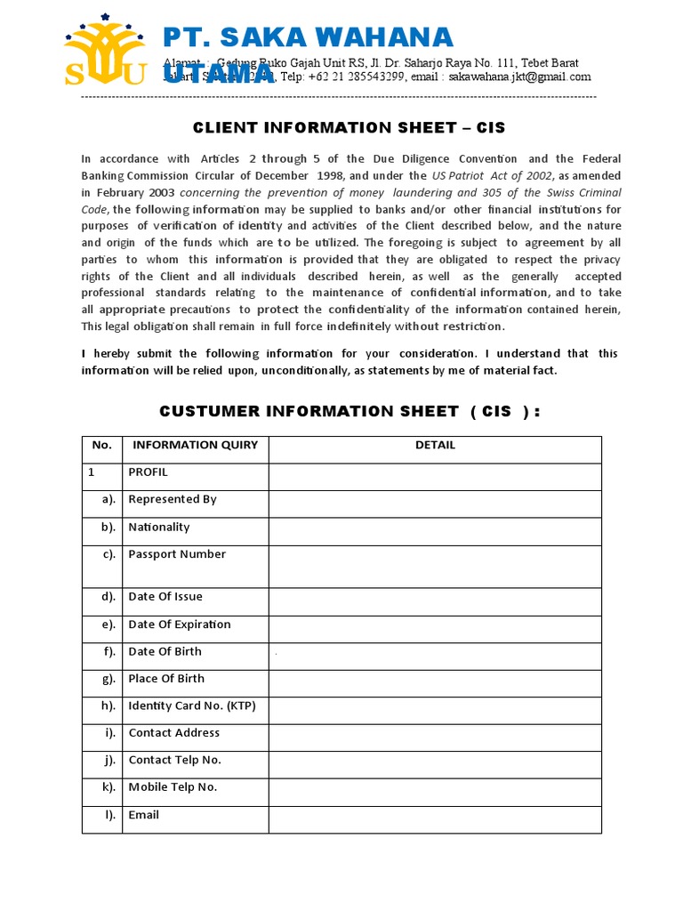 Pt. Saka Wahana Utama: Client Information Sheet - Cis | PDF | Privacy | Government