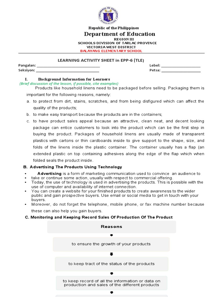 Department of Education: Learning Activity Sheet in Epp-6 (Tle | PDF ...