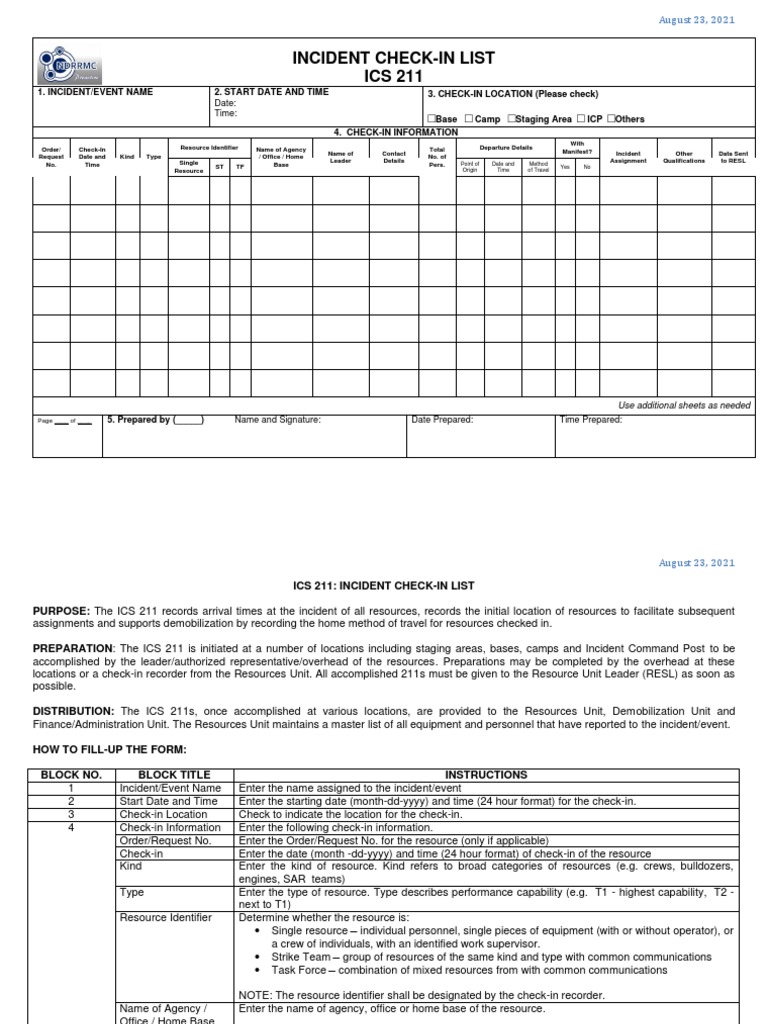Incident Check-In List ICS 211: Date: Time | PDF | Incident Command System