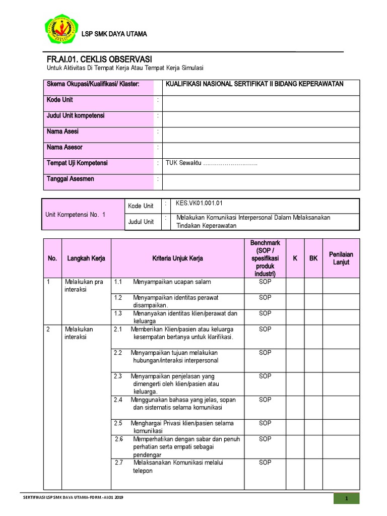 Ceklis Observasi Keperawatan LSP SMK | PDF