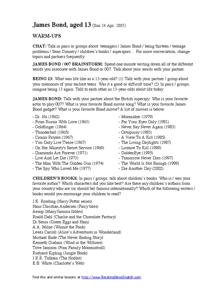 James Bond, Aged 13: Warm-Ups | PDF | James Bond | Children's Literature