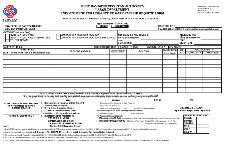 Gatepass Endorsement Request Form Rev06 | PDF | Travel Visa | Document