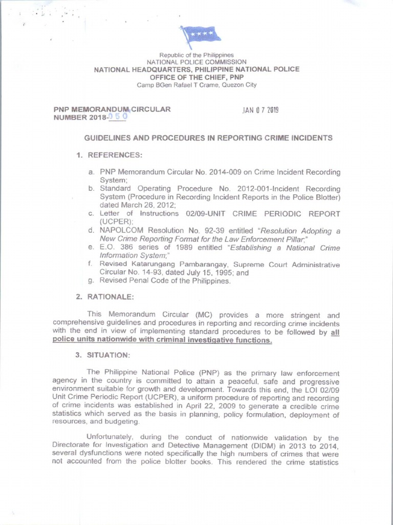 PNP MC NR 2018 050 Guidelines & Proce in Reportting Crime Incidents | PDF
