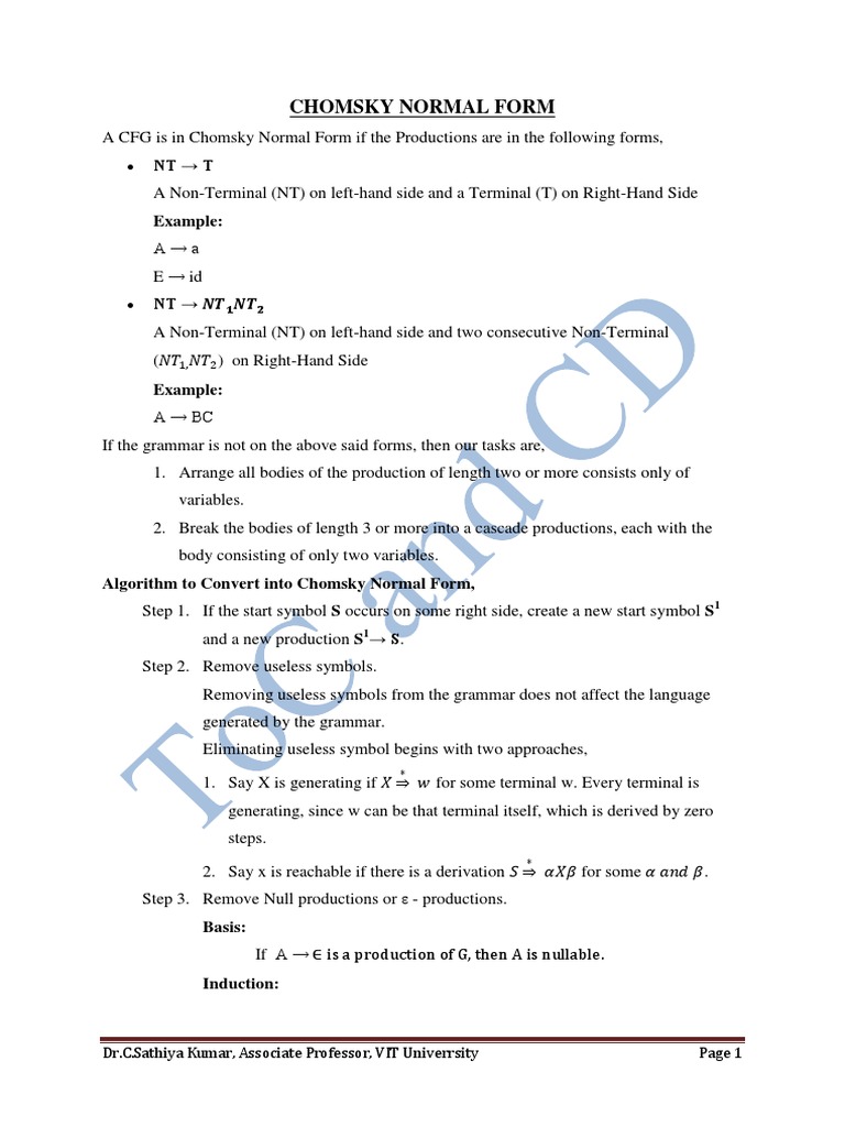 Chomsky Normal Form: Dr.C.Sathiya Kumar, Associate Professor, VIT Univerrsity | PDF | Syntax | Logic