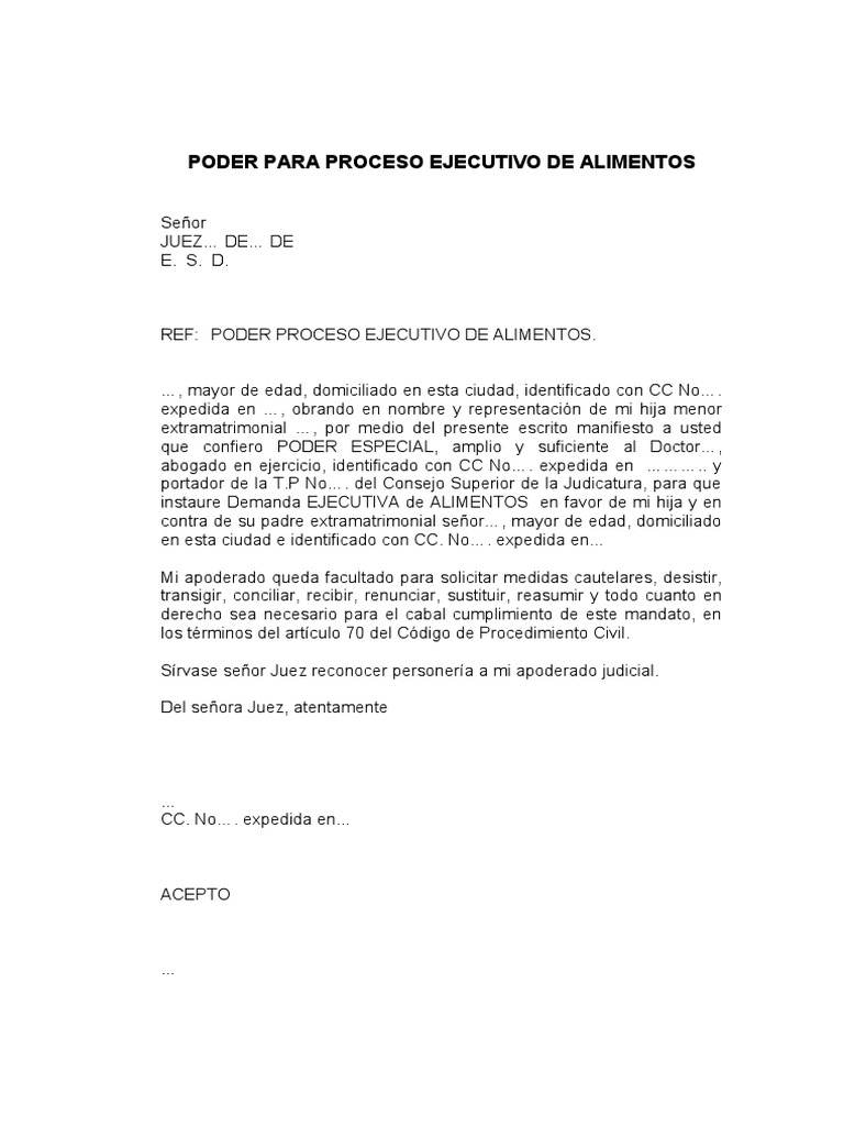 Poder para Proceso Ejecutivo de Alimentos. | PDF