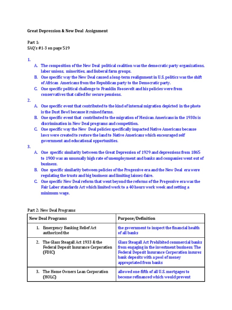 Great Depression & New Deal Assignment | PDF | New Deal | Great Depression