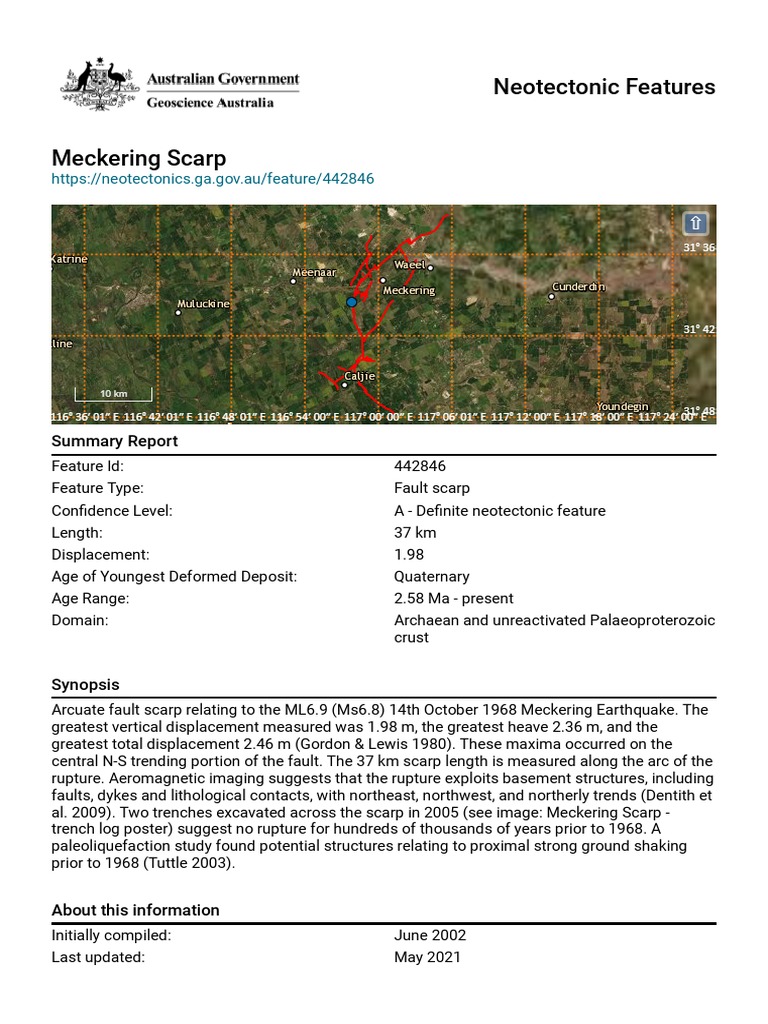 Neotectonic Features Meckering Scarp: Summary Report | PDF | Fault ...