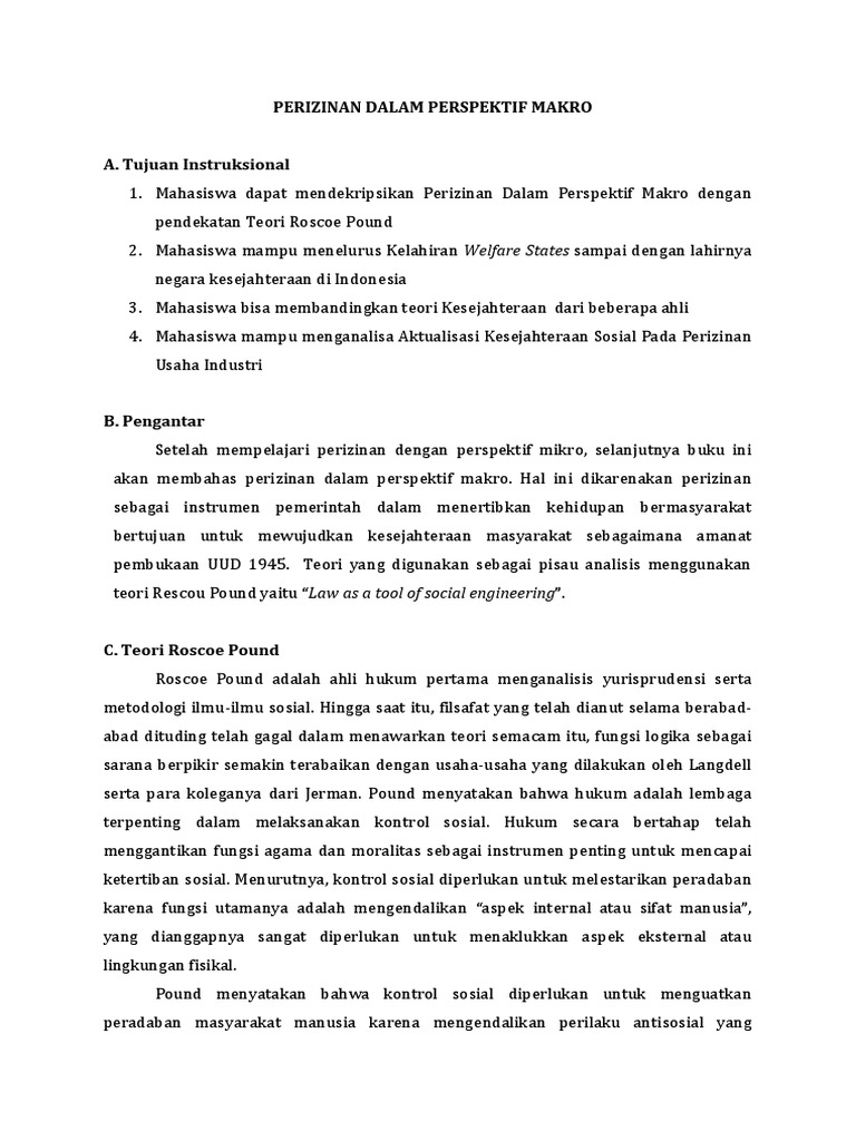 Teori Sosial Dan Perizinan Perspektif Roscoe Pound Dalam Membangun Negara Kesejahteraan Di