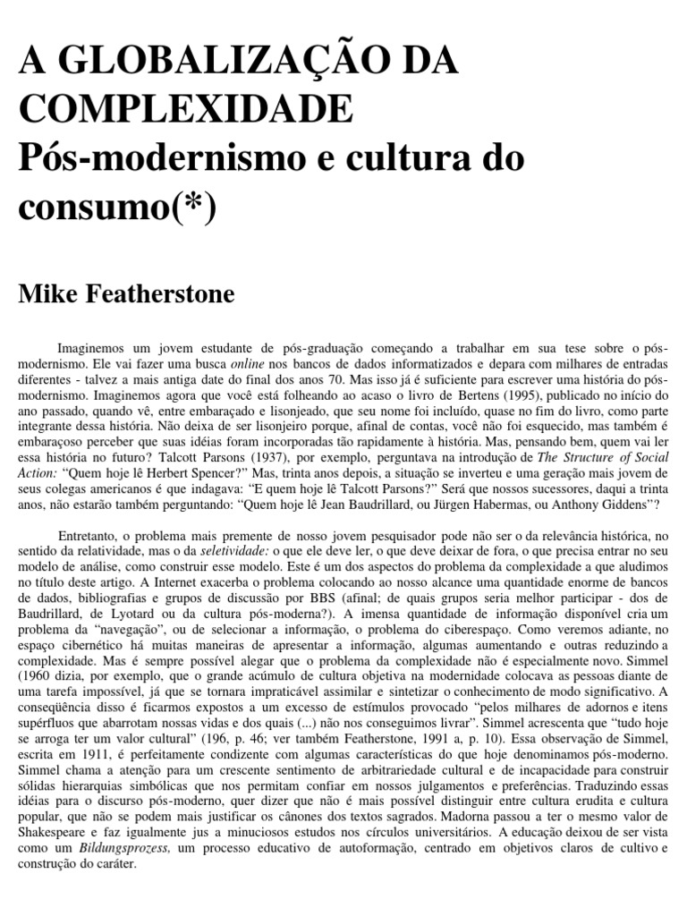 A GLOBALIZAÇÃO DA COMPLEXIDADE -Pós-modernismo e cultura do consumo ...