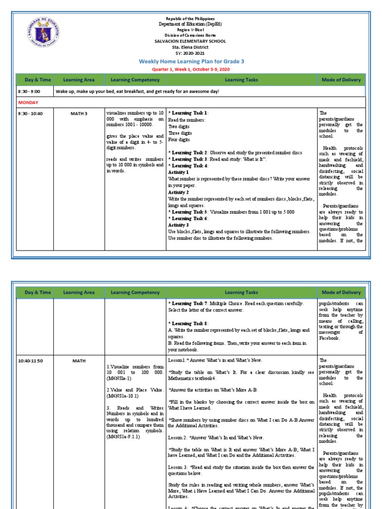 Weekly Home Learning Plan For Grade 3: Learning Area Learning ...