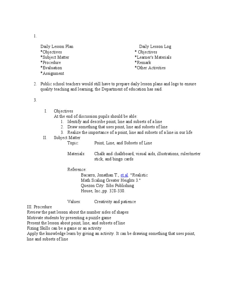 Point, Line, and Subsets of Line: A Daily Lesson Plan on Geometric ...